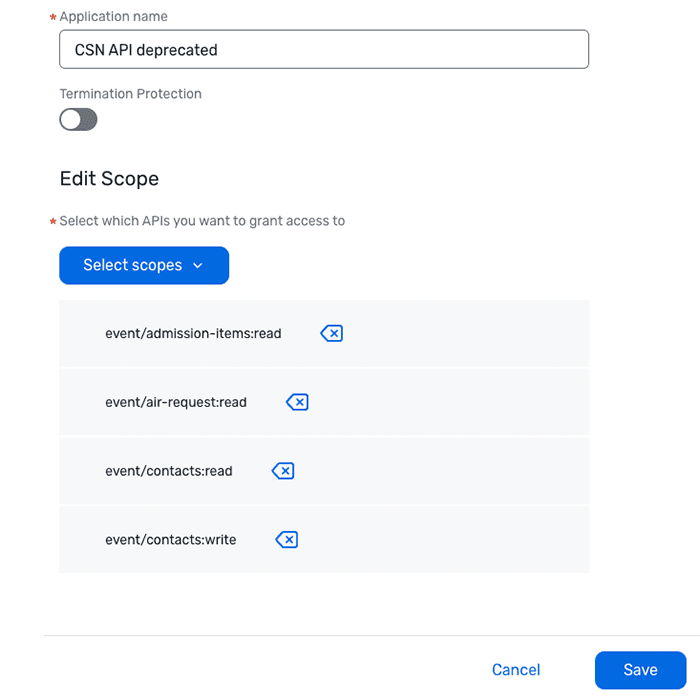 screenshot of scopes and renamed application